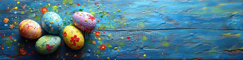 A Banner with Painted Easter Eggs Laid Out on the Edge of a Blue Board ...