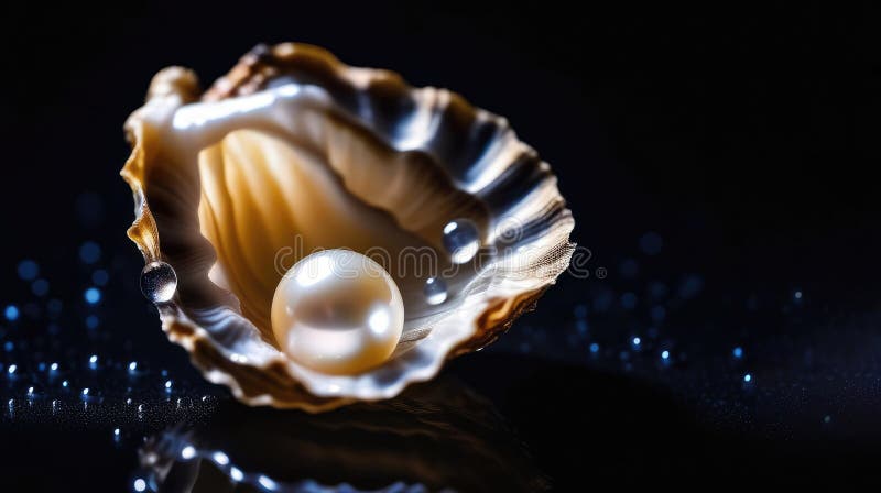 Banner White Pearl in Oyster Shell on Mirrored Black Surface with Space ...