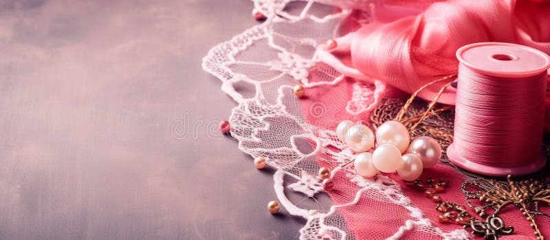 Banner with Pink Spools of Sewing Thread. Generative AI. Stock ...
