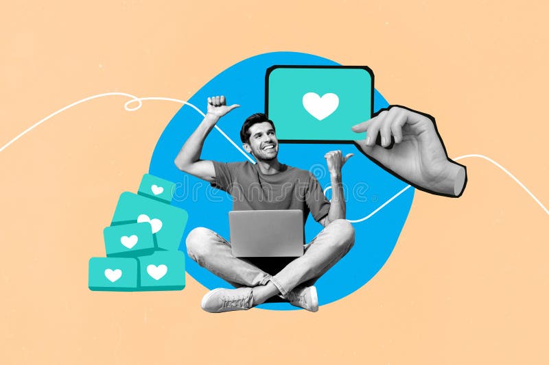 Banner Pop Collage of Person Use Netbook Point Getting Many Likes on ...