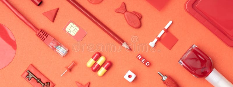 Banner of Red Items on Red Background, Household Items and Plasticine ...