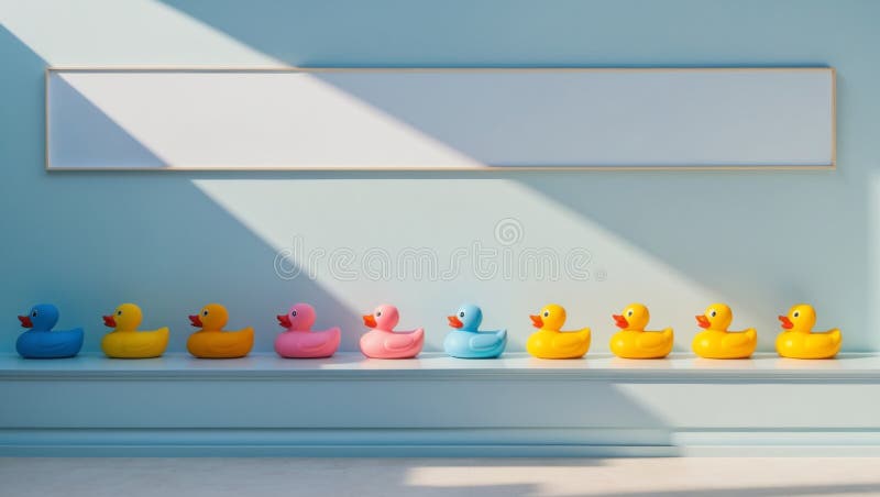 Banner with Row of the Fun Colorful Rubber Ducks on the Light Blue Wall ...