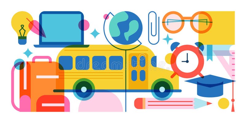 Banner with School Bus, Laptop, Globe, Tools. Vector Concept for Online Education, School Season ...