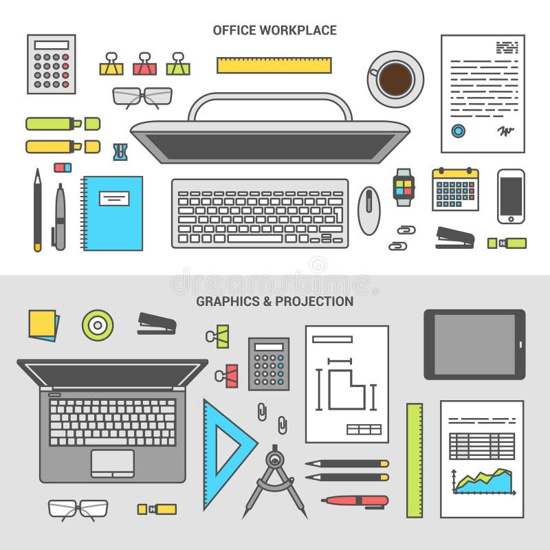 Banner Set Concept Office Objects Top View Stock Vector - Illustration ...