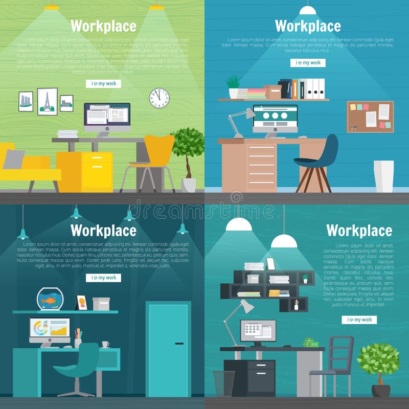 Banner Set Office Workplace Interior Design Graphic . Business Objects ...