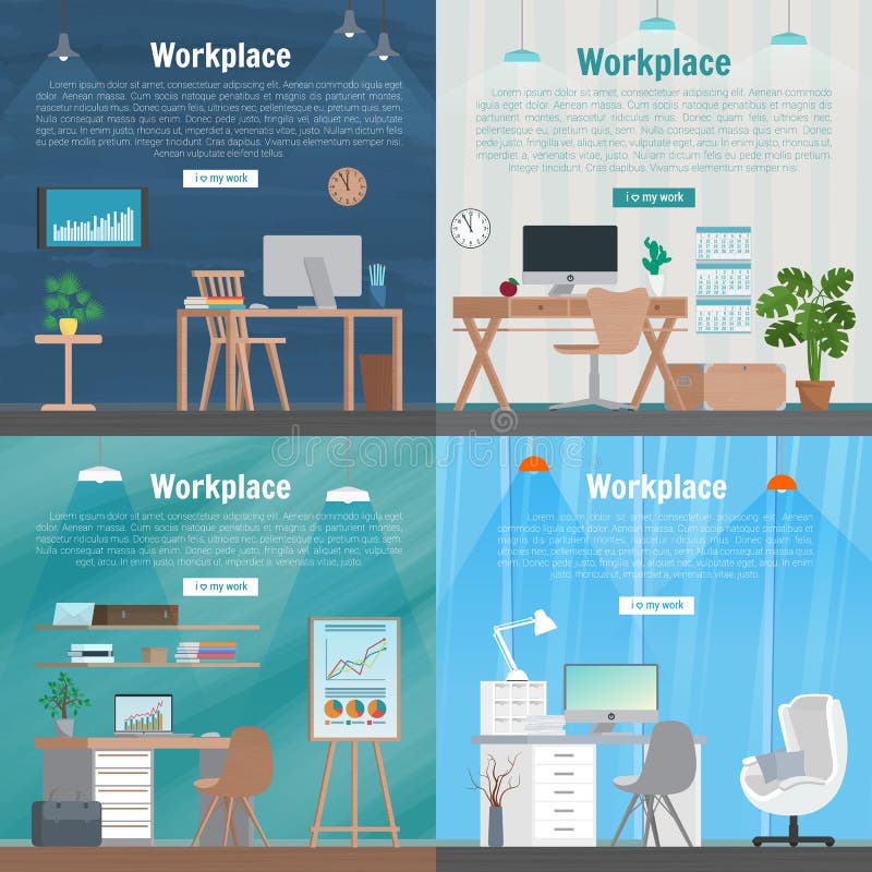 Banner Set Office Workplace Interior Design Graphic . Business Objects ...