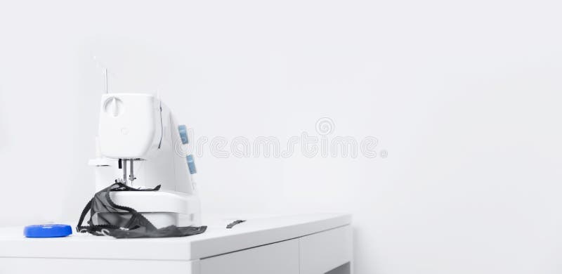 Banner Sewing Machine on Table Workshop of Tailor White Background ...