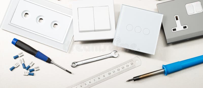Banner Shot of Electrical Switches, Outlets, and Tools Stock Image ...