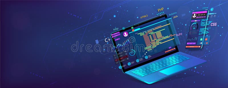 Web Banner Development Software and UI Interface in Different Devices. App Dashboard with Code ...