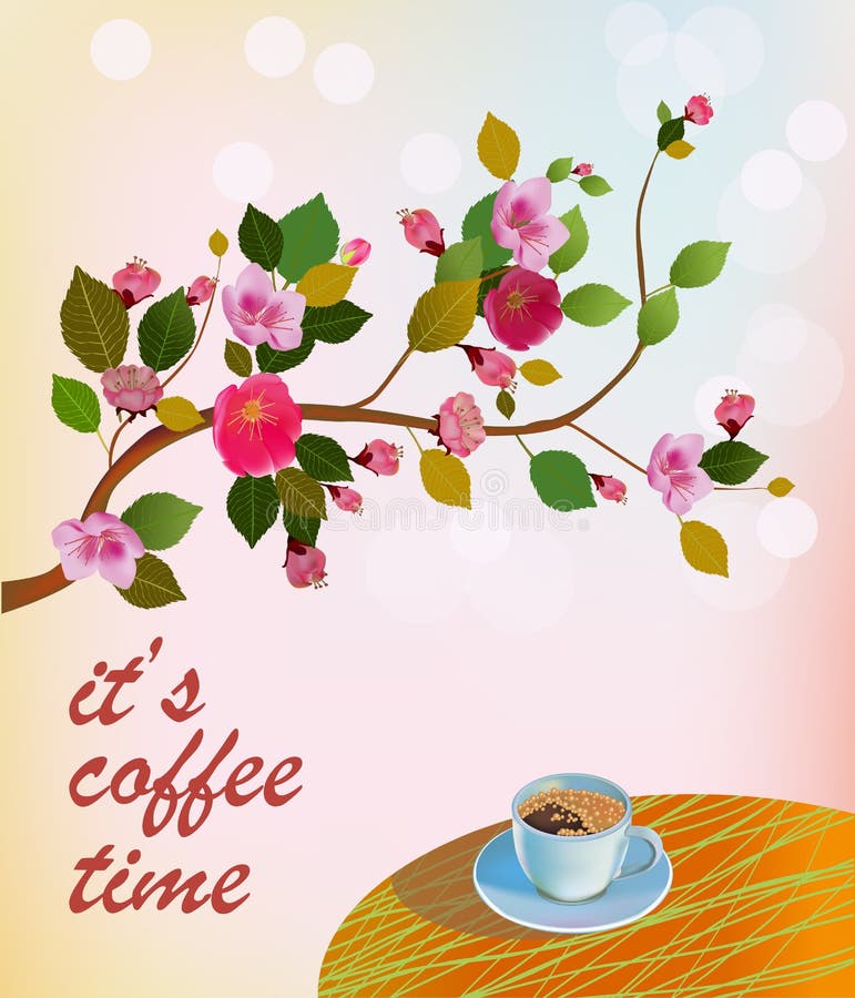 Banner Spring Leaves Blooming Cherry Blossom. Coffee on the Table in ...