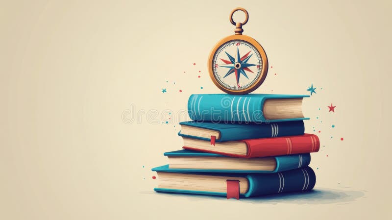 Banner with Stack of Books and Compass Symbolizing Knowledge and ...