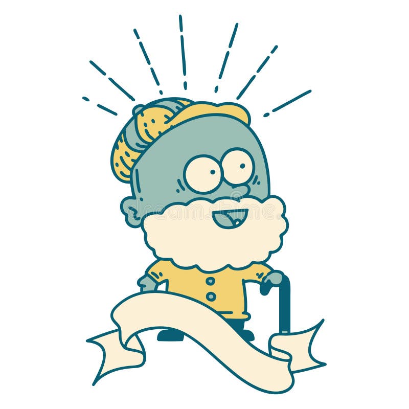 Banner with Tattoo Style Happy Old Man with Walking Stick Stock Vector ...