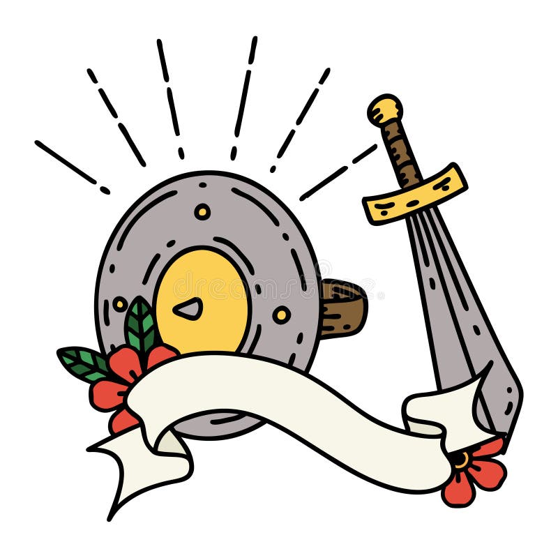 Banner with Tattoo Style Shield and Sword Stock Vector - Illustration ...