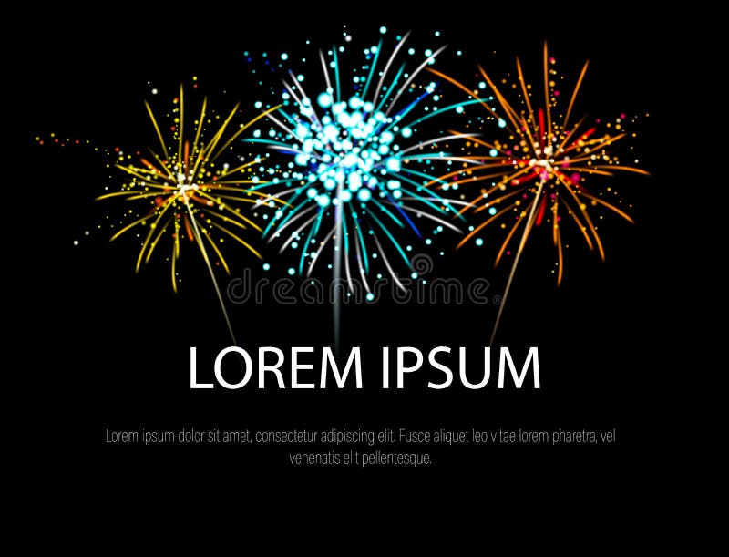 Carnival Banner with Realistic Yellow, Blue, Orange Fireworks Stock ...