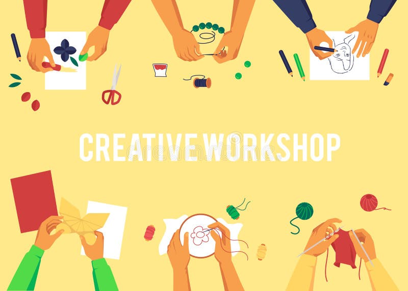 Banner with Top View of Various Hands Creating Handmade Works Cartoon ...