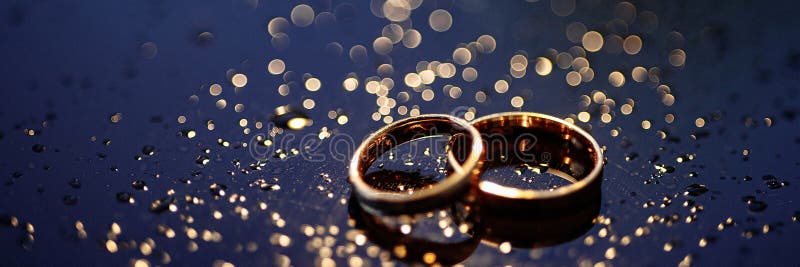 Banner Two Gold Wedding Rings Lie on a Dark Wet Surface Stock Image ...