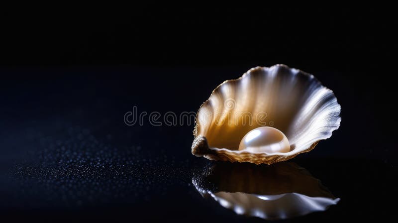 Banner White Pearl in Oyster Shell on Mirrored Black Surface with Space ...