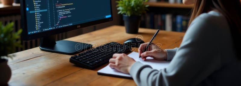 Banner for Woman Coding at Desktop Computer in Cozy Home Office. Female ...