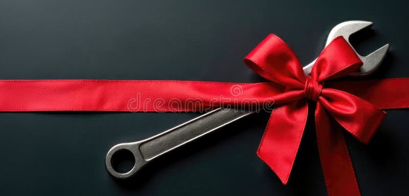 Banner with Wrench and Satin Red Ribbon Bow on Dark Background. Banner ... Banner with Wrench and Satin Red Ribbon Bow on Dark Background. Banner ...