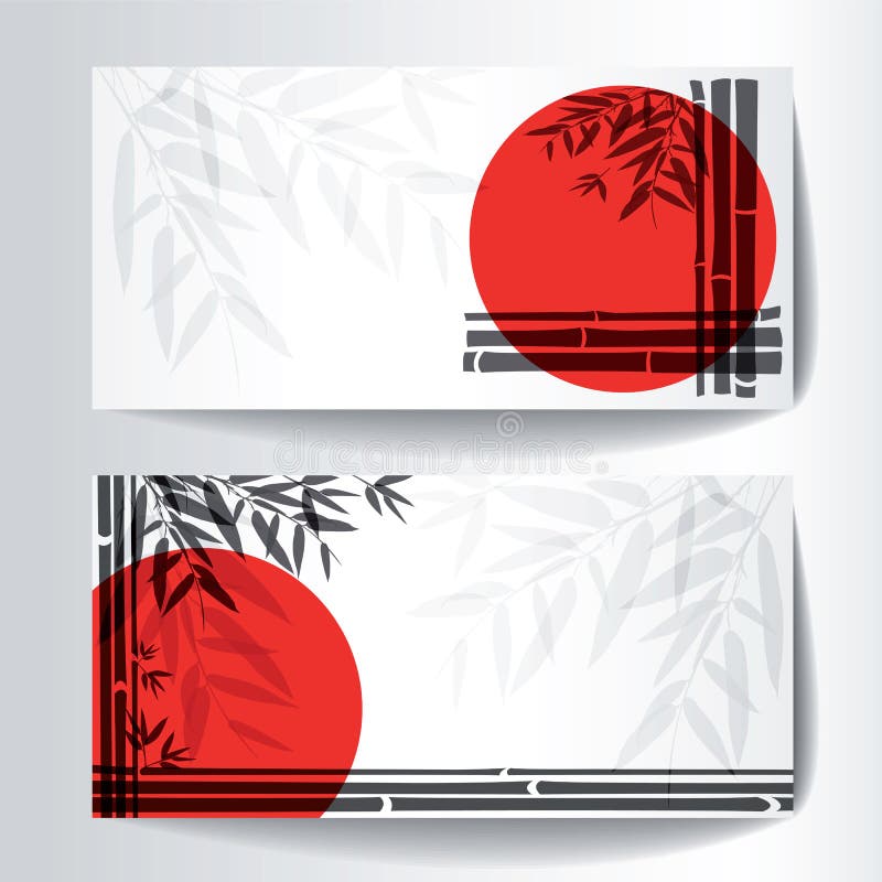Banners with Bamboo Trees and Leaves with Red Sun on White Background ...