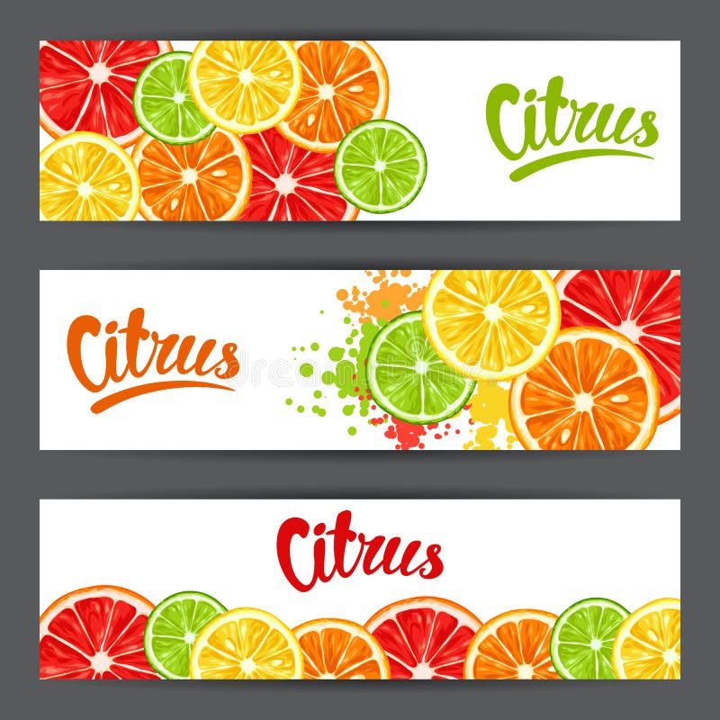 Banners with Citrus Fruits Slices. Mix of Lemon Lime Grapefruit and ...