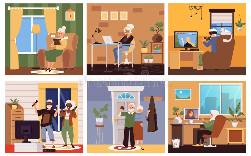 Banners Collection with Elderly People Using Gadgets Flat Vector ...