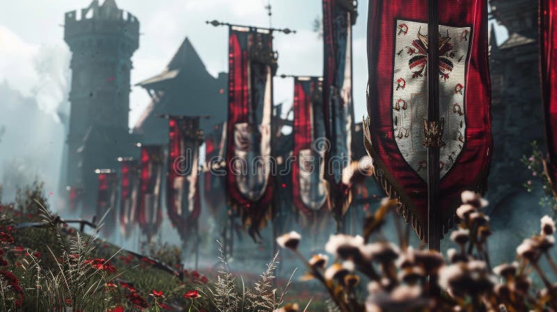 Banners Flutter in the Wind Displaying the Intricate Heraldry of Noble ...