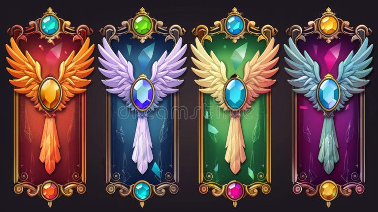 Banners with Gems and Wings, Ideal for Game Interfaces or Decorations ...