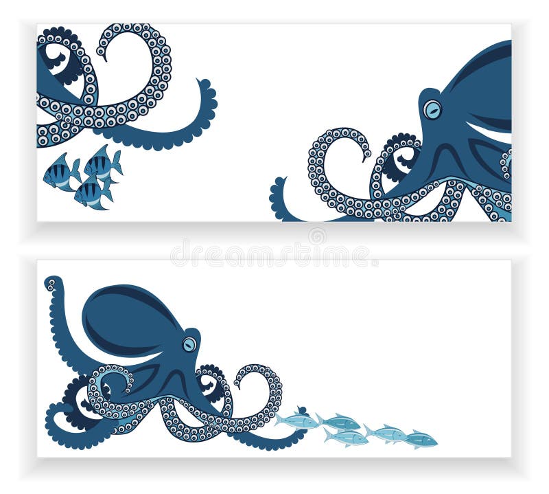 Banners with Octopus and Fish Stock Vector - Illustration of blue ...