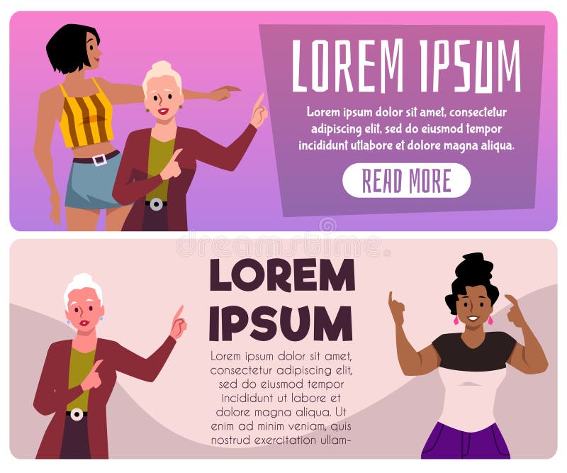 Banners with Women Pointing at Something, Cartoon Vector Illustration ...