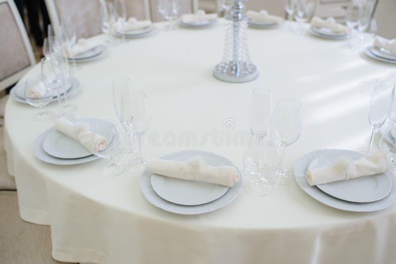 The Banquet Hall with Round Tables, with Cutlery Stock Image - Image of ...