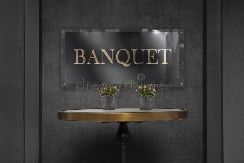 Banquet sign board on wall stock photo. Image of advertisement - 169769406