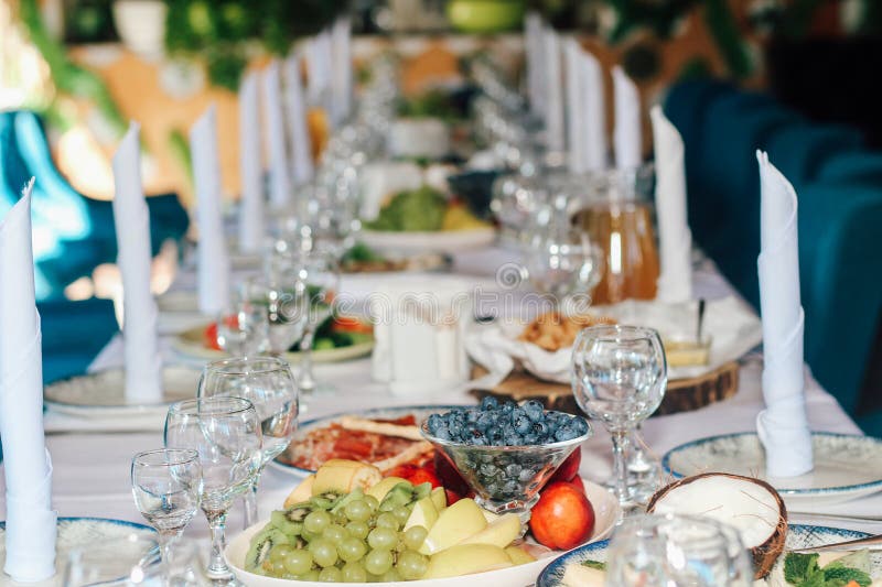 Banquet Table Served with Dishes and Snacks. Stock Photo - Image of ...