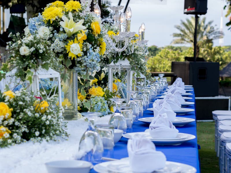 Banquet Table Set for Wedding Stock Photo - Image of decoration, blue ...