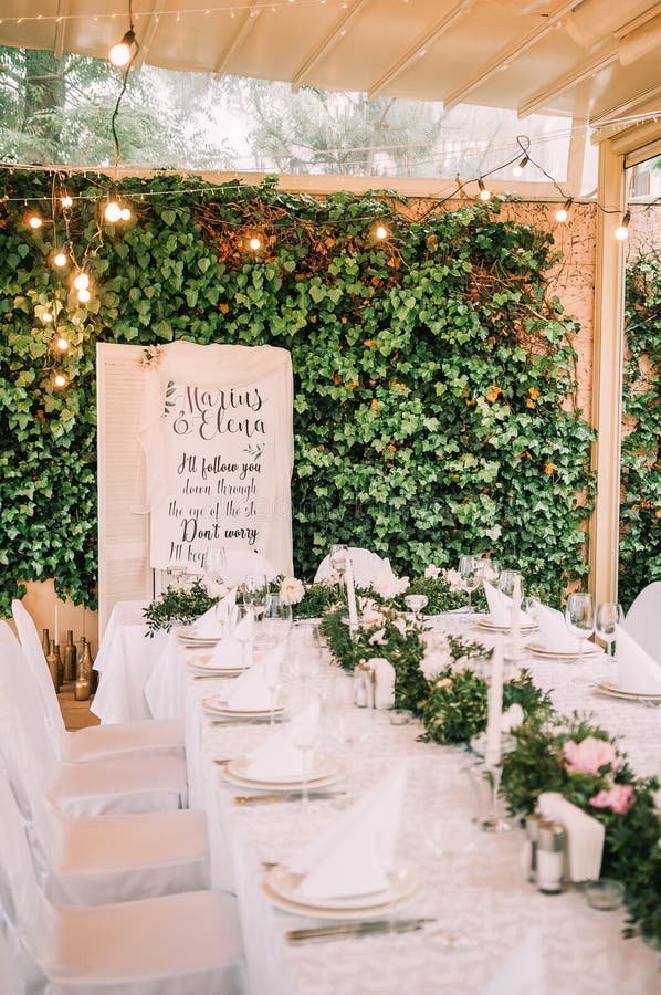 Banquet Table Setting in Restaurant Decor White Green Stock Image ...