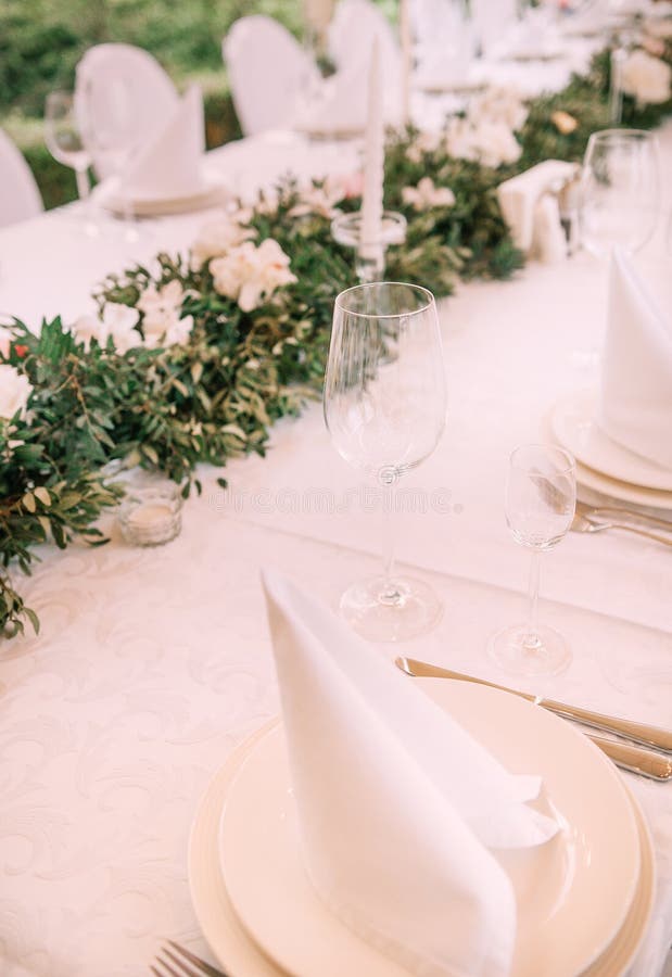Banquet Table Setting in Restaurant Decor White Green Stock Photo ...