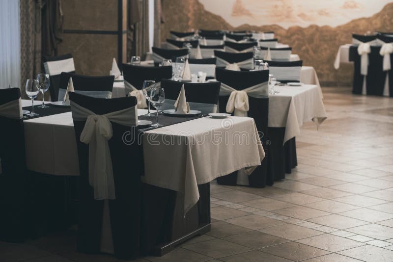 Banquet Table with Wineglasses. High Angle of Elegant Banquet Table ...