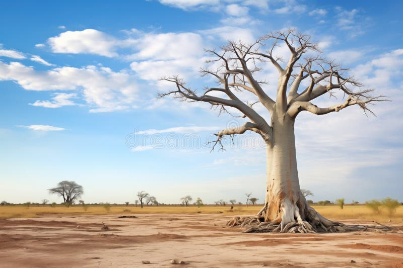 Baobab Tree with Thick Trunk on a Dry Savannah Stock Photo - Image of ...