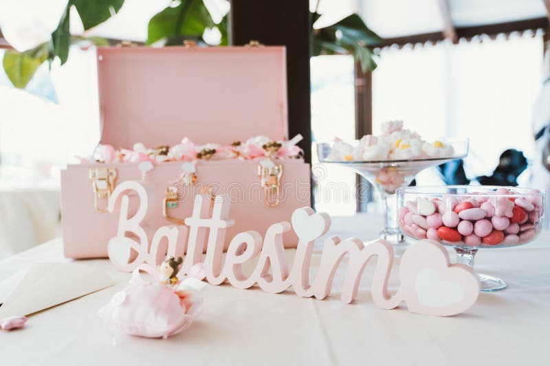Baptism Celebration Table with Sweets and Decorations Stock Photo ...