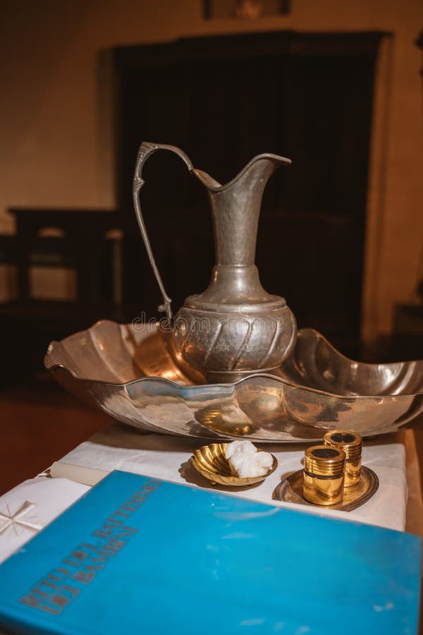 Baptismal Accessories on Table for Ceremony Preparation Stock Photo ...
