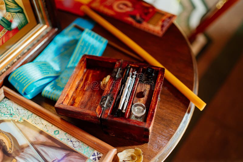 Baptismal Set on the Table in the Orthodox Church. Editorial Stock ...