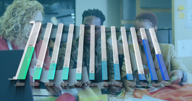 Bar Chart Animation Over Diverse Group Collaborating at Office Desk ...