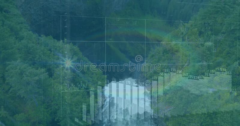 Bar Chart and Data Grid Animation Over Lush Green Forest Landscape ...