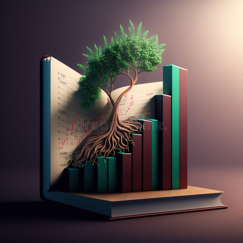 Bar Chart Market Growth with Tree and a Book Stock Illustration ...