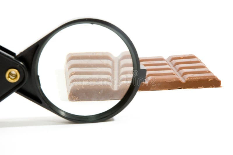 Bar of Chocolat Sized Up by a Magnifying-glass Stock Photo - Image of ...