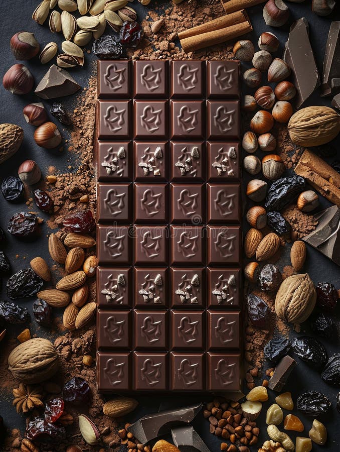 A Bar of Chocolate Nestled among a Variety of Nuts and Chocolate Pieces ...