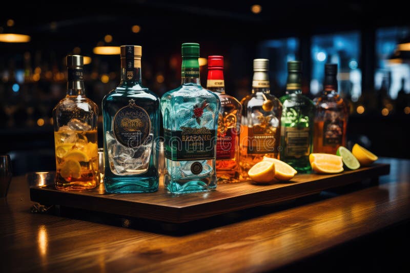 Bar Counter Arranged Bottle Display, Variety and Craftsmanship of the ...