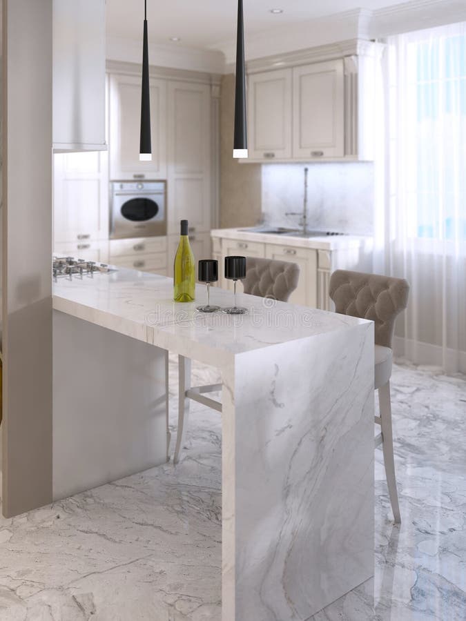 Bar Counter with Chairs and a Kitchen Island in a Modern Kitchen ...