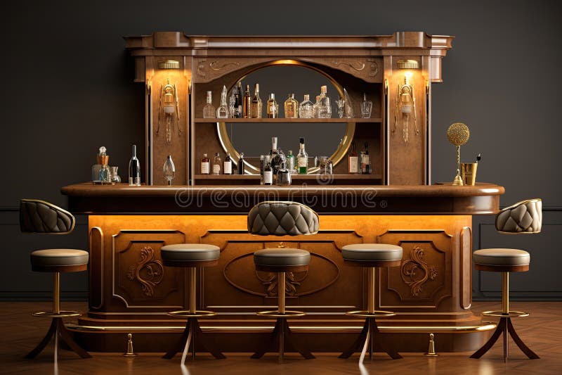 Bar Counter with Barman S Chairs and Bottles. 3d Rendering, AI ...