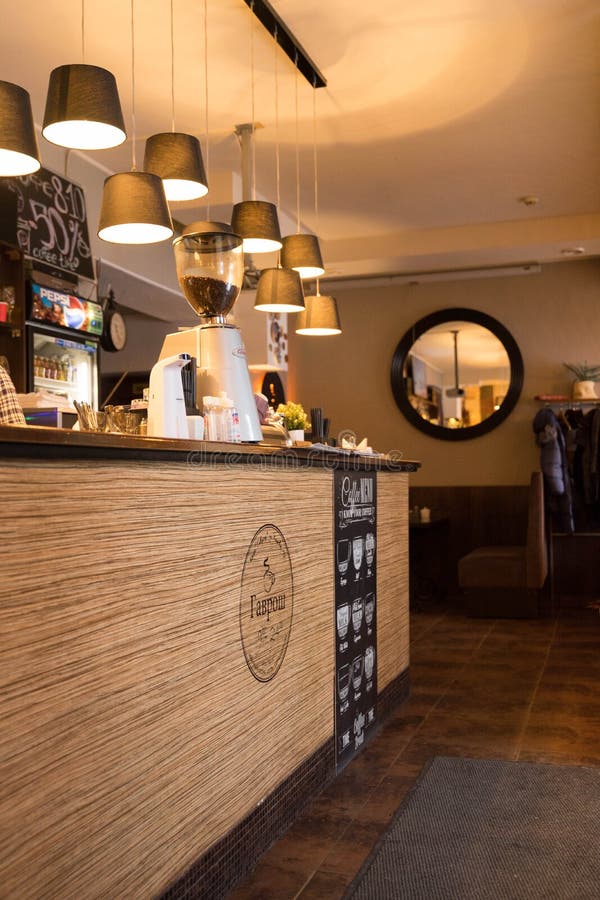Bar Counter in a Cafe with Lamps Editorial Stock Photo - Image of ...